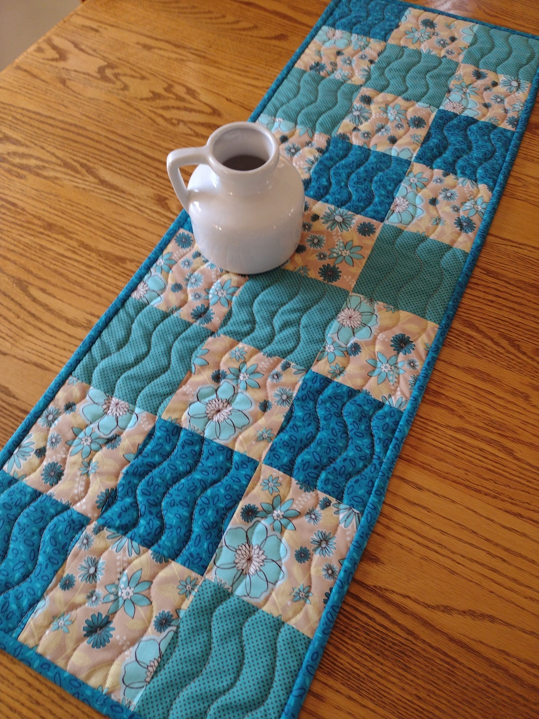 Quilted Table Runner, Turquoise Teal and Tan Quilted Runner, Farmhouse ...