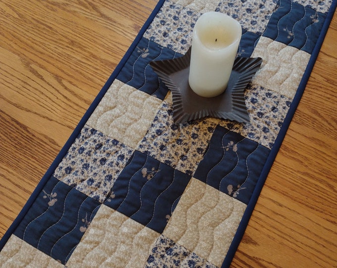 Quilted Table Runner, Table Runner, Navy Blue and Tan Runner, Quilted ...