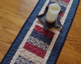 Quilted Table Runner, Table Runner, Navy Blue and Tan Runner, Quilted Patchwork, Quilted Runner ...