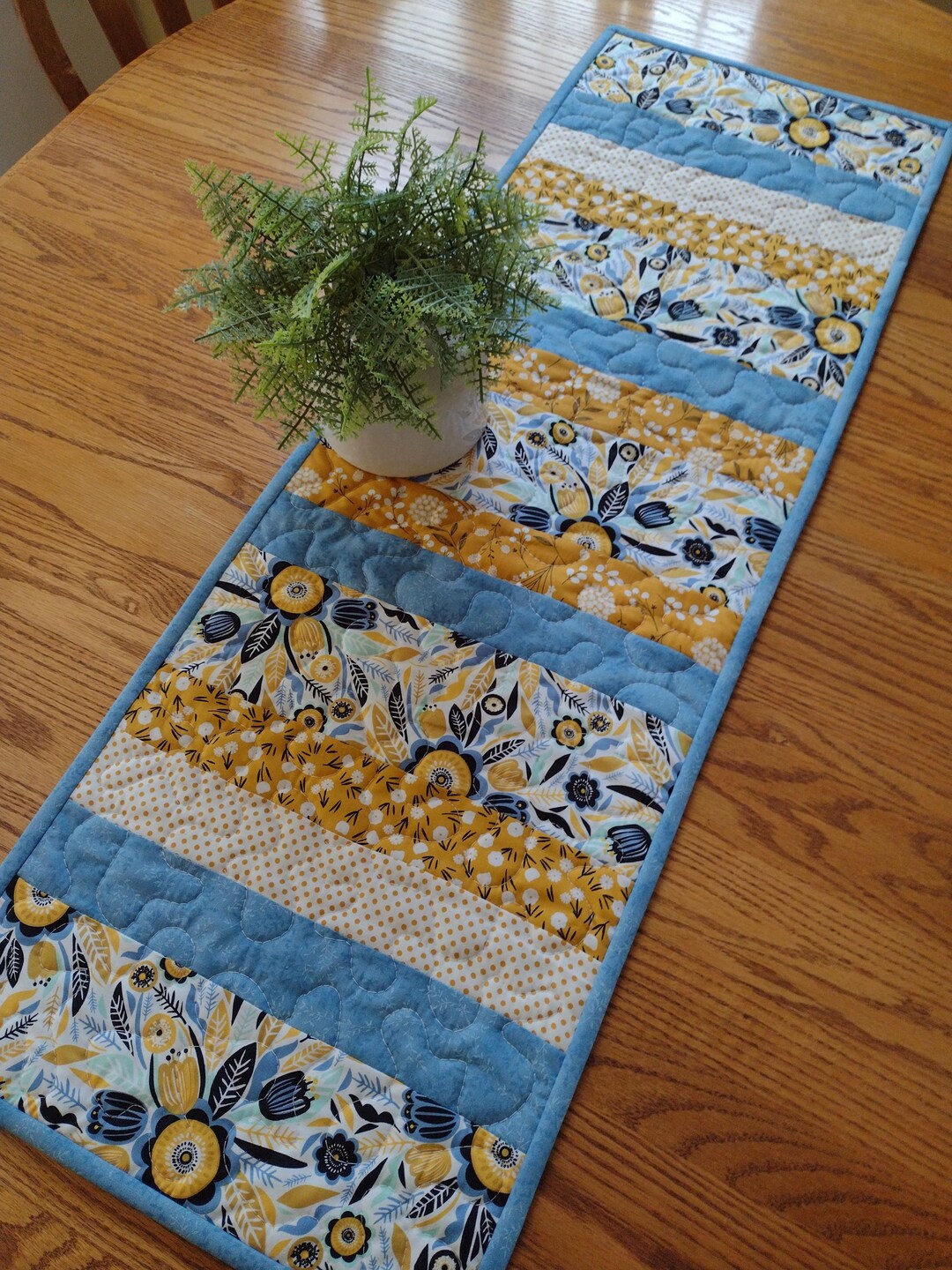Quilted Table Runner, Modern Blue Runner, Blue and Gold Quilted Table ...