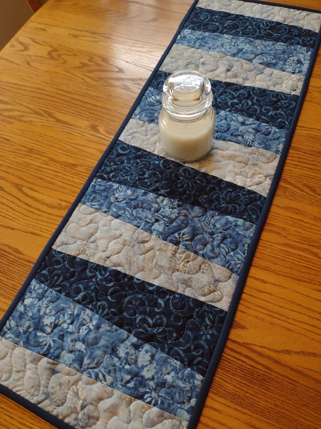 Quilted Table Runner, Quilted Blue Batik Table Runner, Modern Runner, Quilted Blue Wedge Runner ...