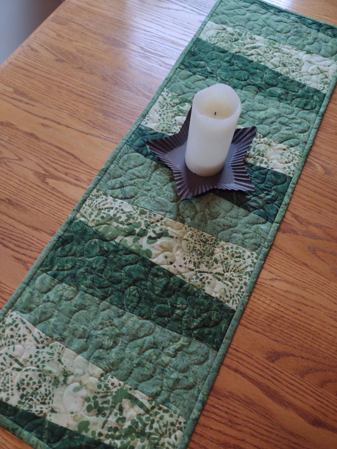Quilted Table Runner, Quilted Green Batik Table Runner, Modern Runner ...