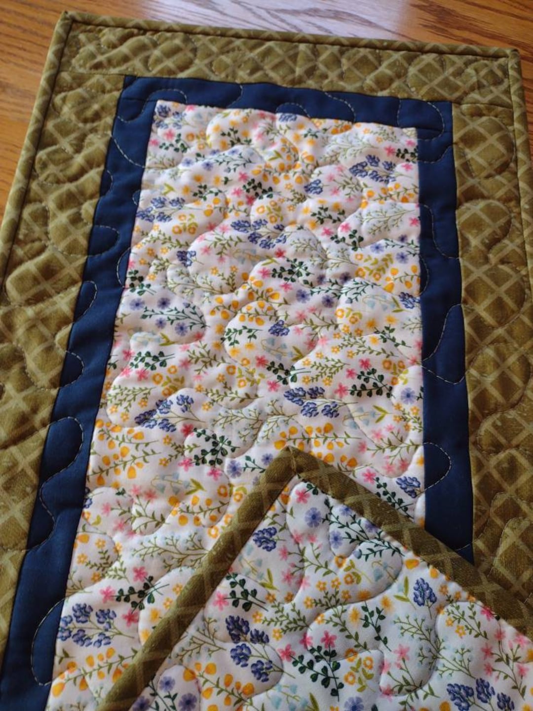 Quilted Table Runner, Quilted Blue and Green Table Runner, Quilted ...