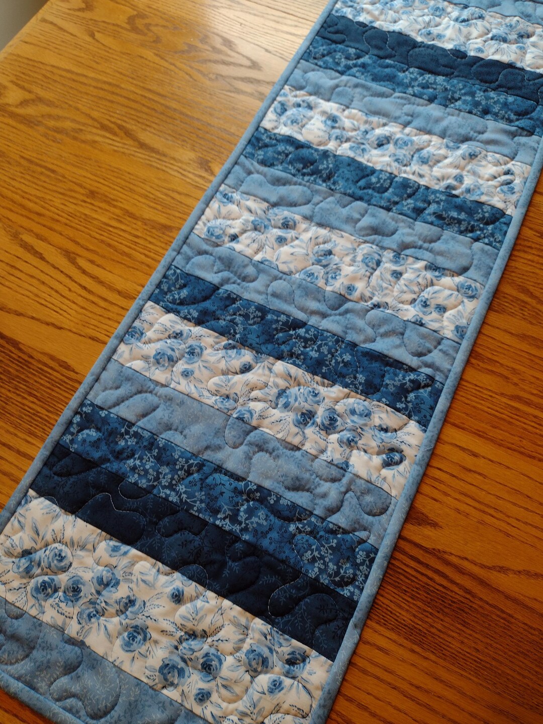 Quilted Table Runner, Blue and White Quilted Table Runner, Blue Quilted ...
