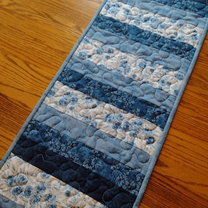 Quilted Table Runner, Blue and White Quilted Table Runner, Blue Quilted Runner, 13 1/2 X 41 ...