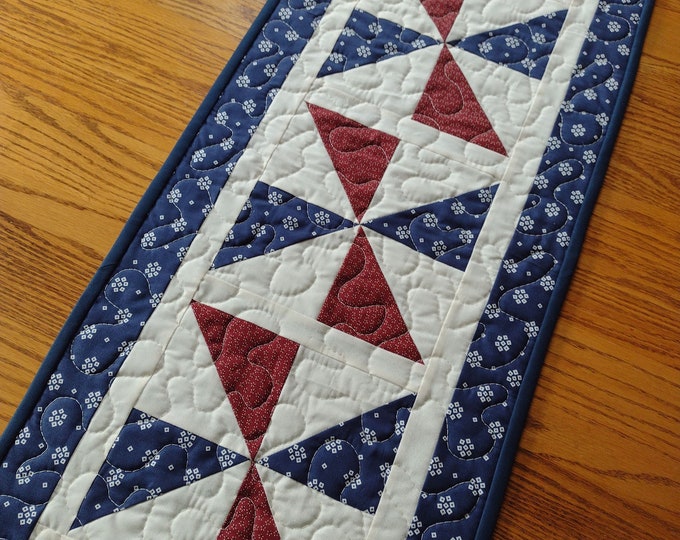 Quilted Table Runner, Navy and Red Pinwheel Runner, Farmhouse Runner ...