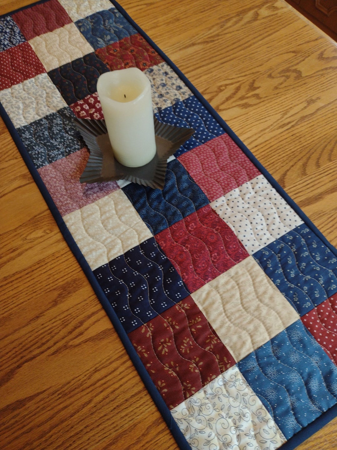 Quilted Table Runner, Navy and Dark Red Runner, Quilted Farmhouse ...