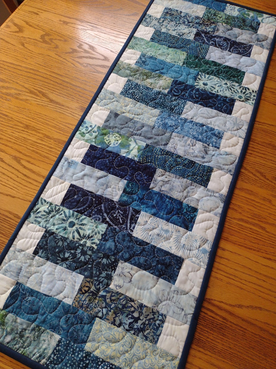 Quilted Table Runner, Quilted Blue Batik Table Runner, Modern Runner ...