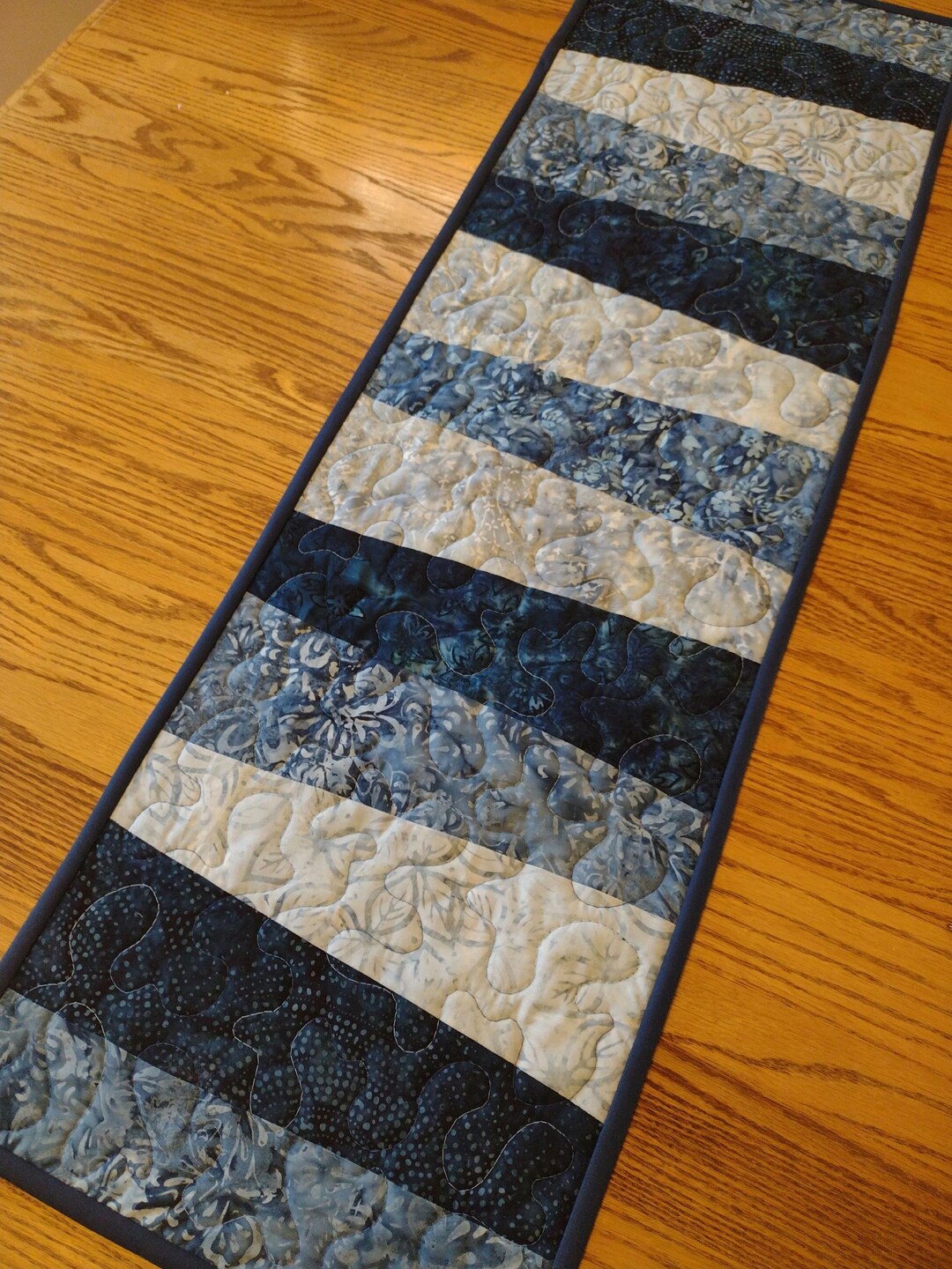 Quilted Table Runner, Quilted Blue Batik Table Runner, Modern Runner ...