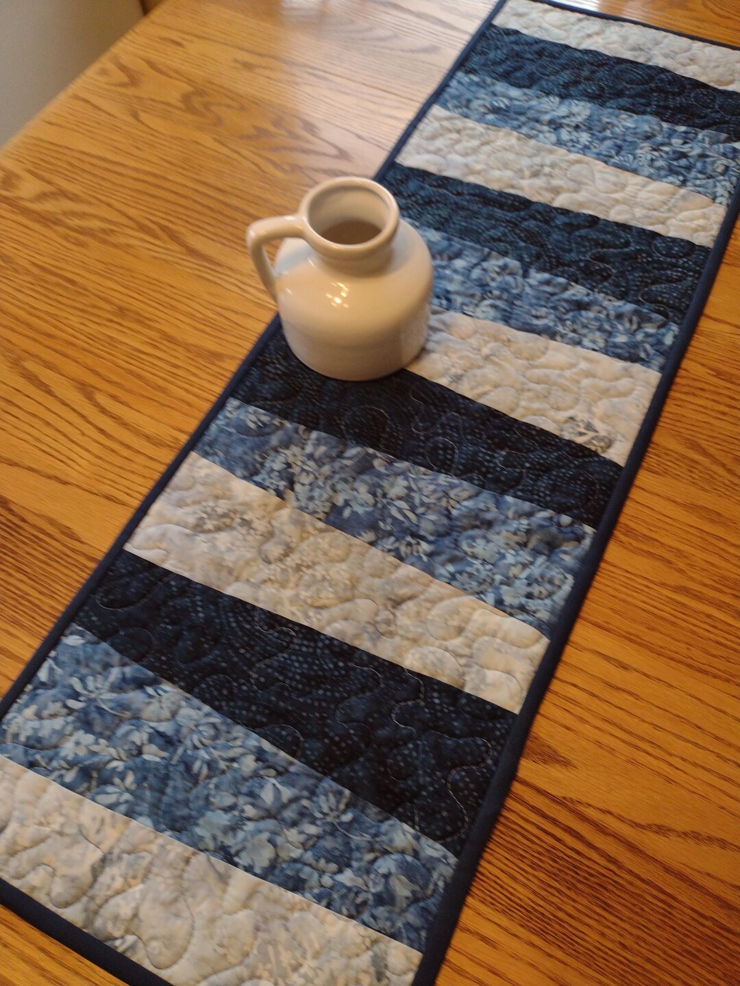 Quilted Table Runner, Quilted Blue Batik Table Runner, Modern Runner ...
