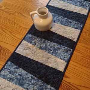 Quilted Table Runner, Quilted Blue Batik Table Runner, Modern Runner, Quilted Blue Wedge Runner ...