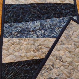 Quilted Table Runner, Quilted Blue Batik Table Runner, Modern Runner, Quilted Blue Wedge Runner ...
