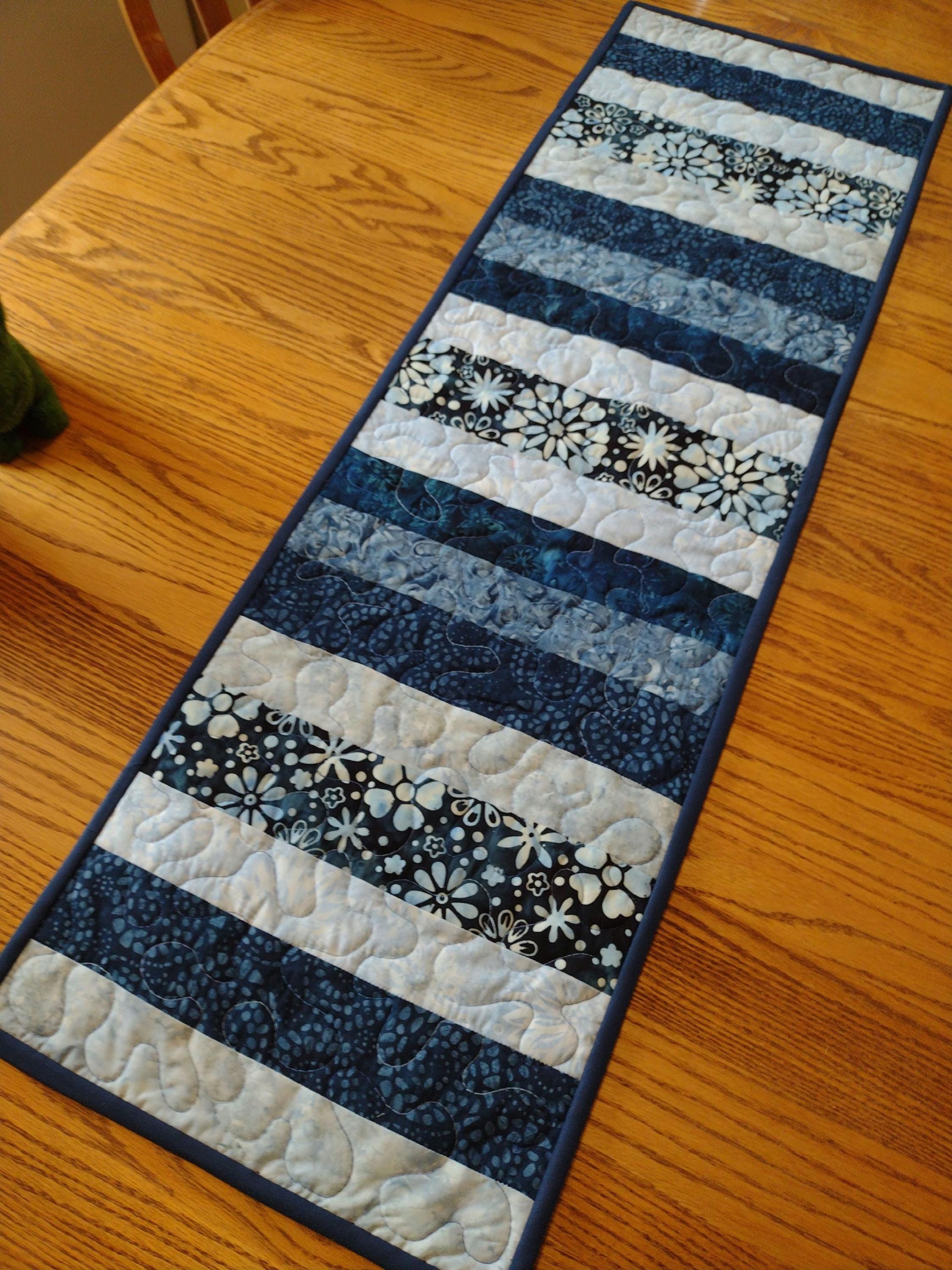 Quilted Table Runner, Blue Batik Runner, Stripy Blue Batik Runner ...