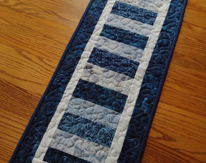 Quilted Table Runner, Blue Batik Runner, Batik Quilted Runner, Blue ...