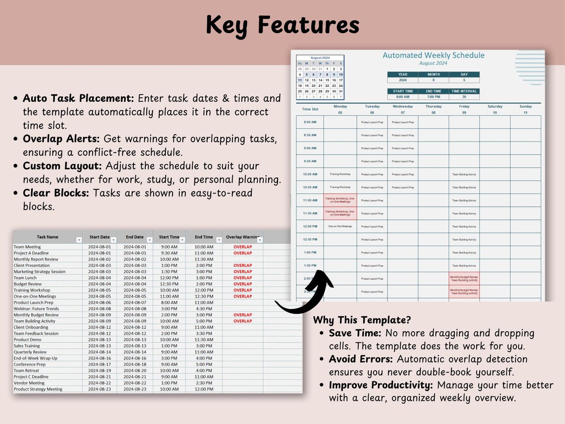 Automated Weekly Schedule Excel Template | Overlap Detection | Customizable Block Schedule - Etsy