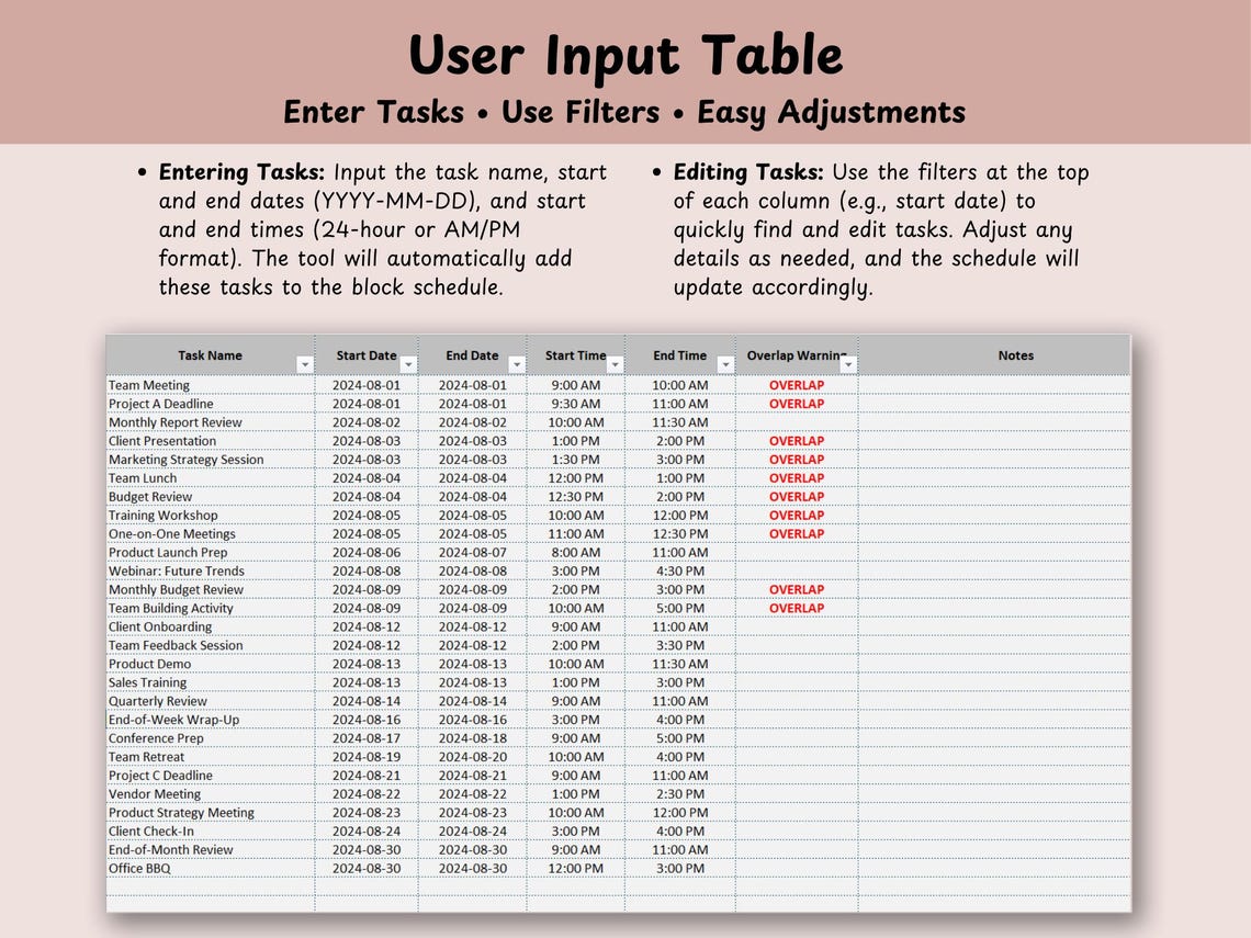 Automated Weekly Schedule Excel Template | Overlap Detection | Customizable Block Schedule - Etsy