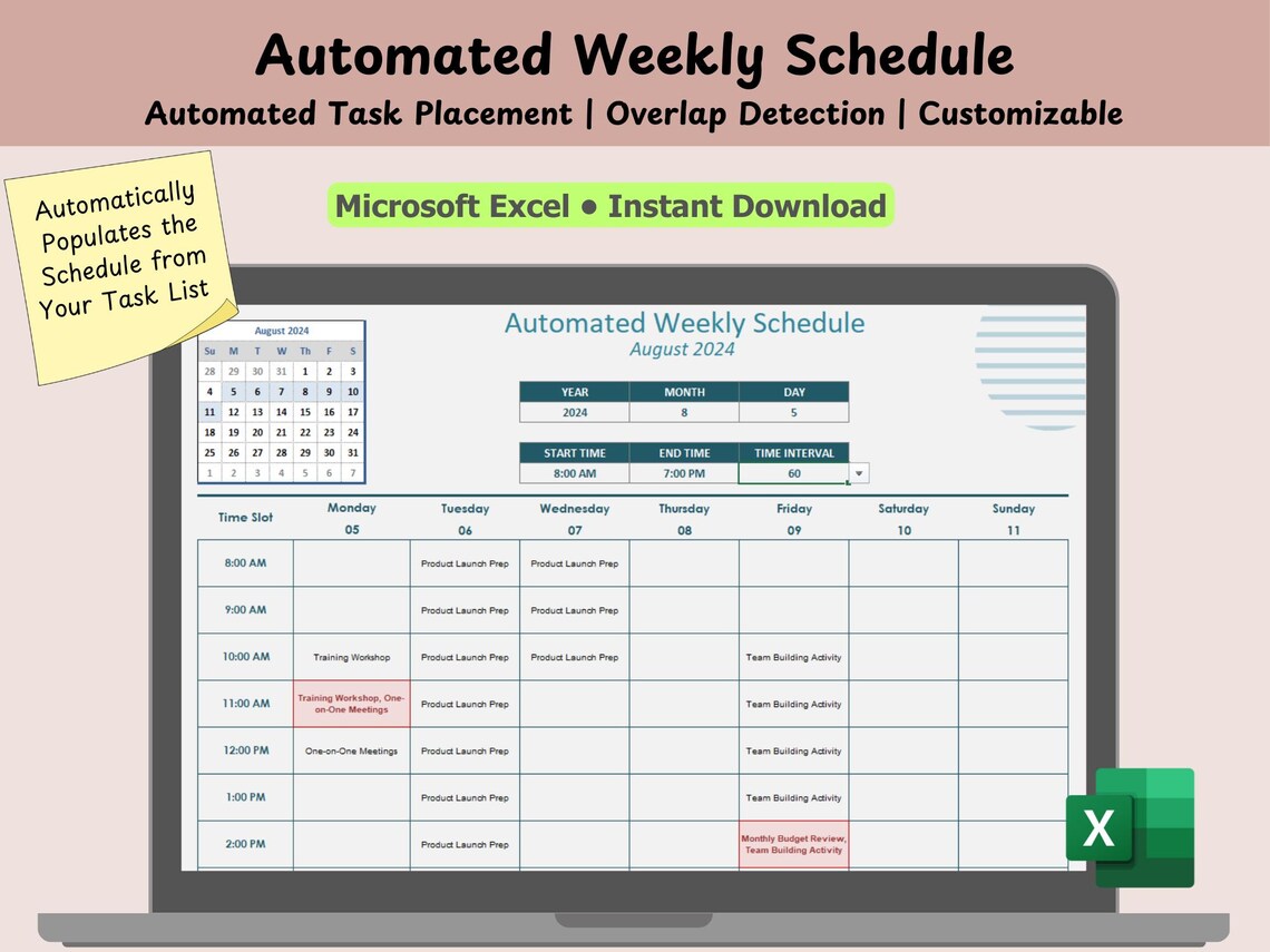 Automated Weekly Schedule Excel Template | Overlap Detection | Customizable Block Schedule - Etsy