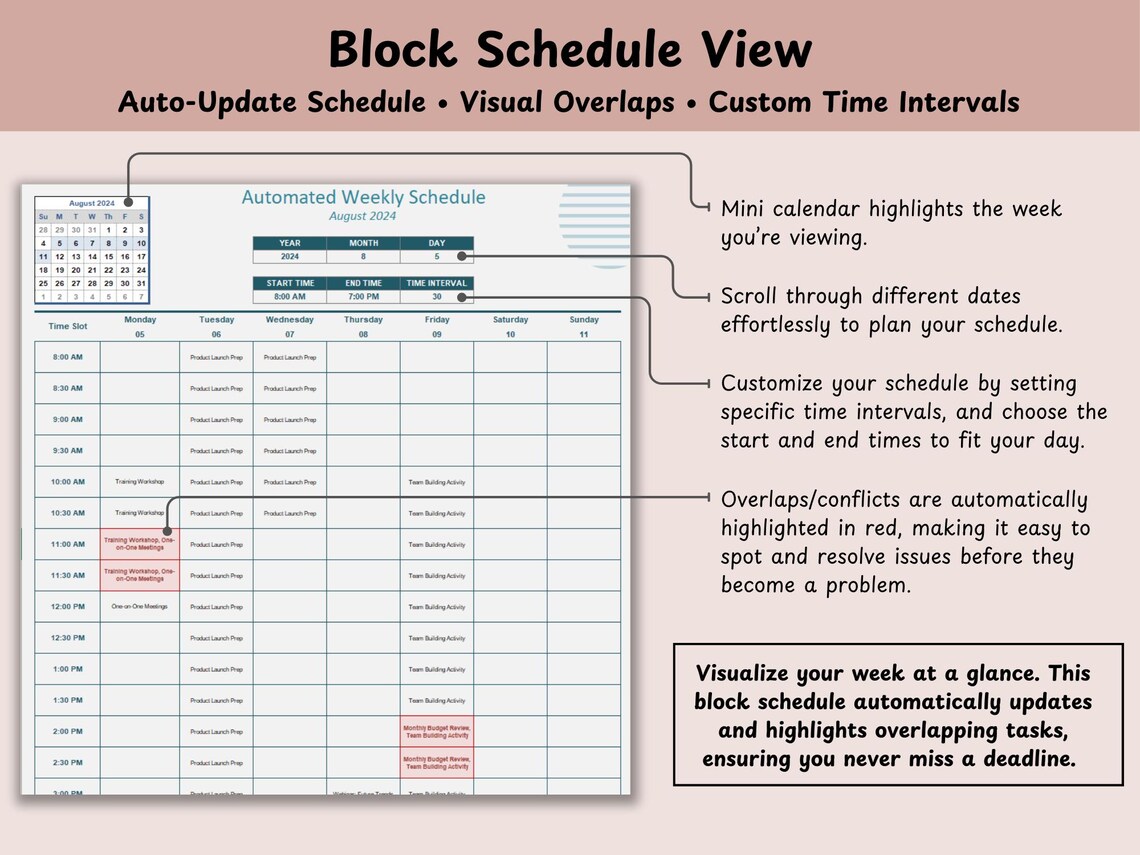 Automated Weekly Schedule Excel Template | Overlap Detection | Customizable Block Schedule - Etsy