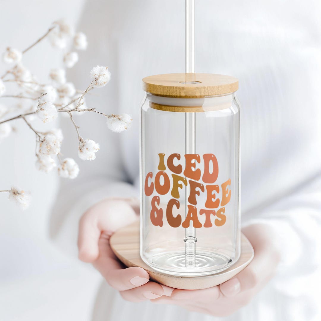 Iced Coffee Cats Sipper Glass, 16oz Glassware, Glass Drinkware ...