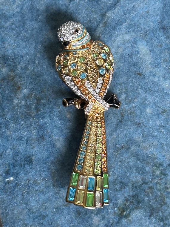 SWAROVSKI Crystal Encrusted Bird Parrot Brooch Aqua G… - Gem