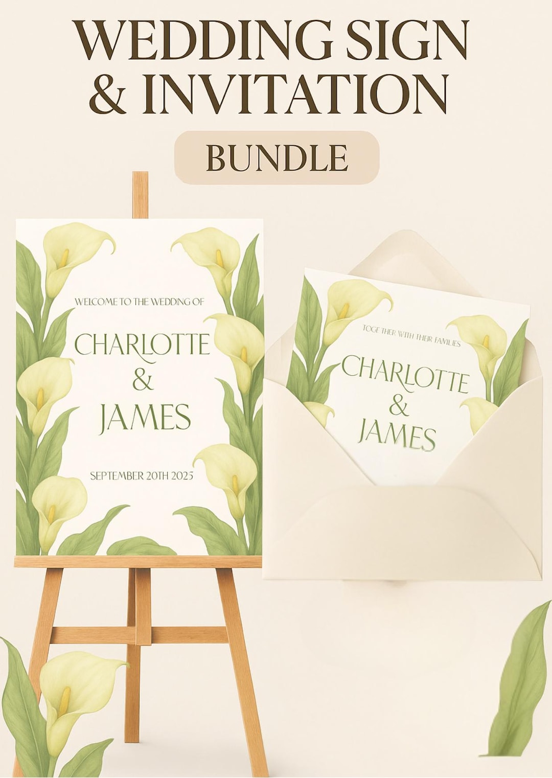 Calla Lily Wedding Sign and Invitation Bundle – Editable Canva Template ...