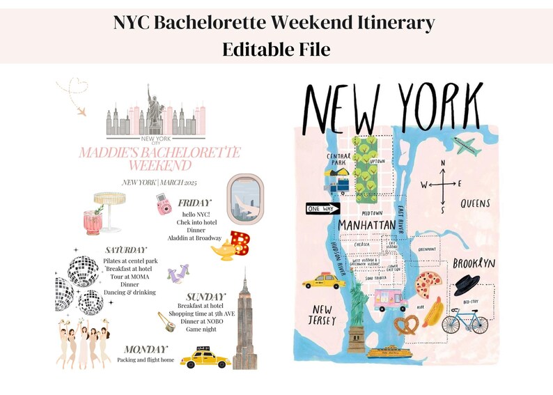 NYC Bachelorette Weekend Itinerary Editable File | DIY | Customizable ...