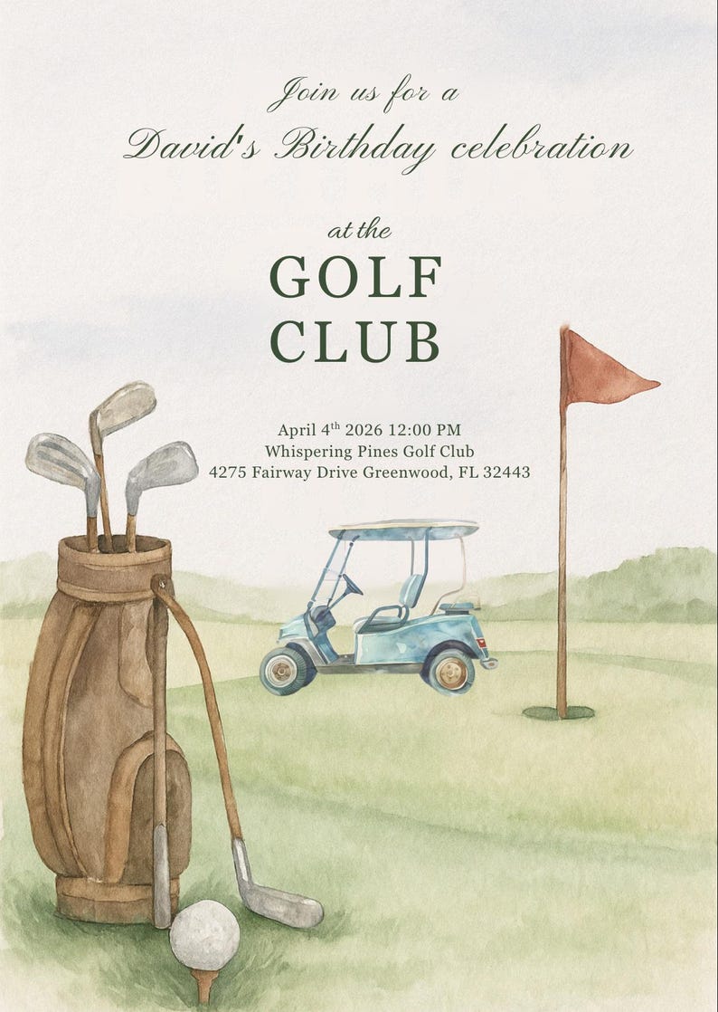 Golf Club Birthday Invitation – Watercolor Golf Party, Editable Digital ...