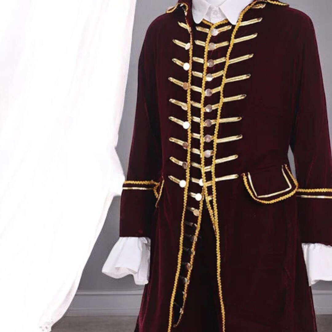 Burgundy Colonial Costume With Gold Trim Velvet Tailcoat, Historical ...