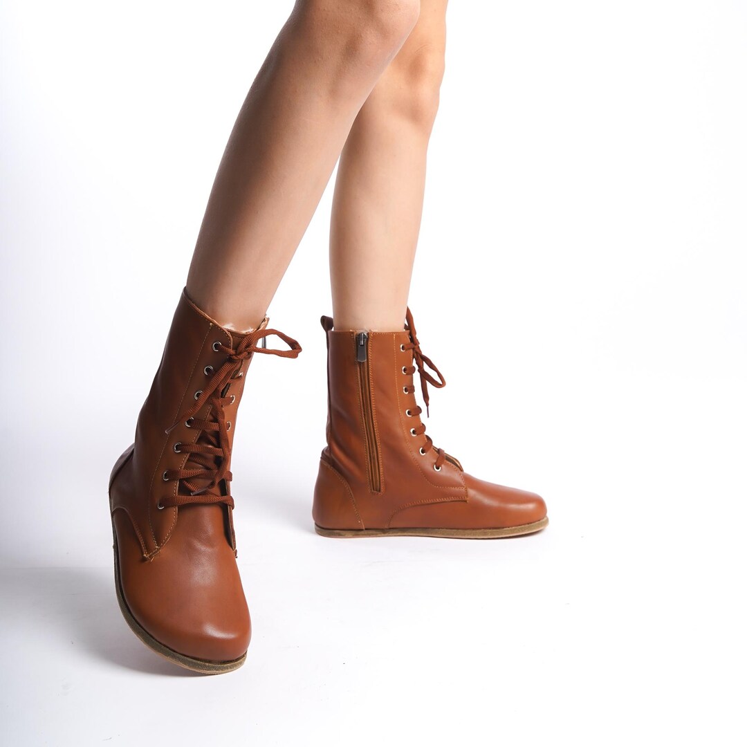 Handmade Tan Leather Barefoot Boots | Minimalist Lace-up Winter Boots ...