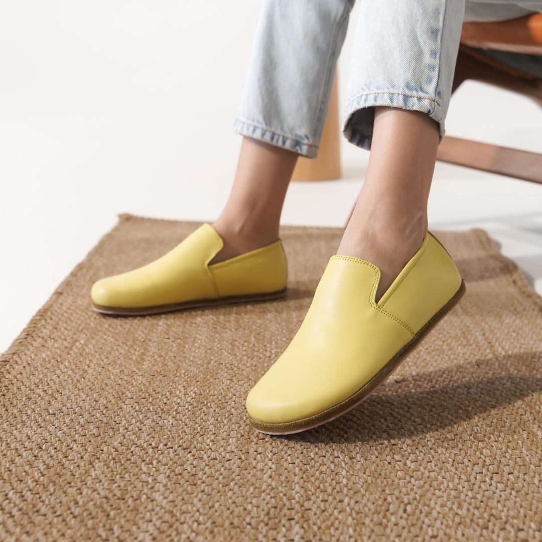 Yellow Smooth Leather Handmade Loafer Barefoot Shoes | Women’s Zero Drop Slip-on | Wide Toe Box ...