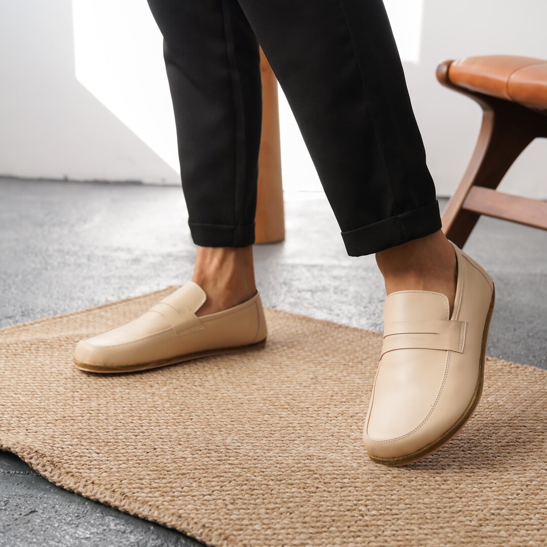 Beige Handmade Leather Penny Loafer Barefoot Shoes | Men’s Zero Drop ...