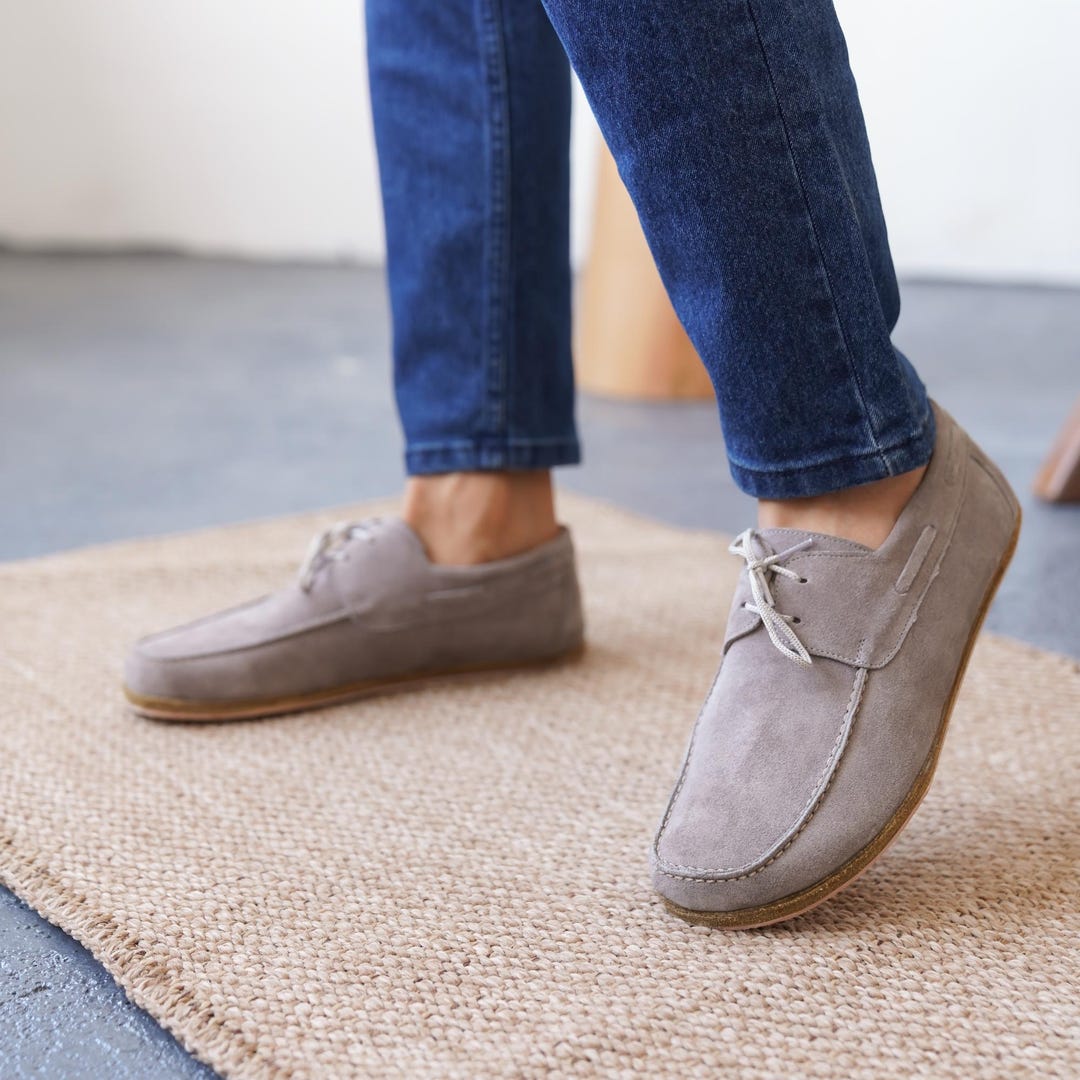Gray Suede Moc Toe Barefoot Derby Shoes – Handmade Leather - Etsy