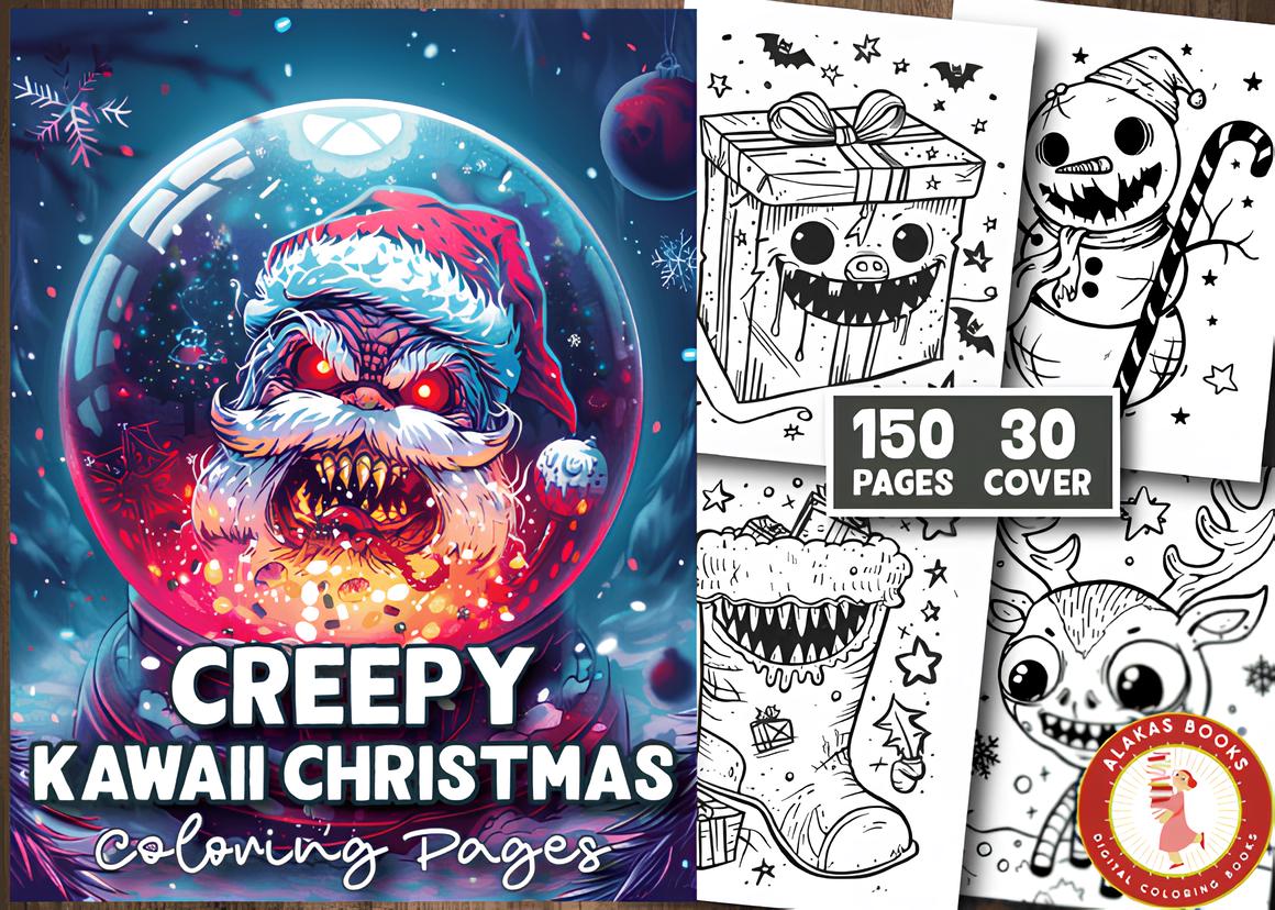 150 Creepy Kawaii Christmas Coloring Pages, Digital Coloring Book ...