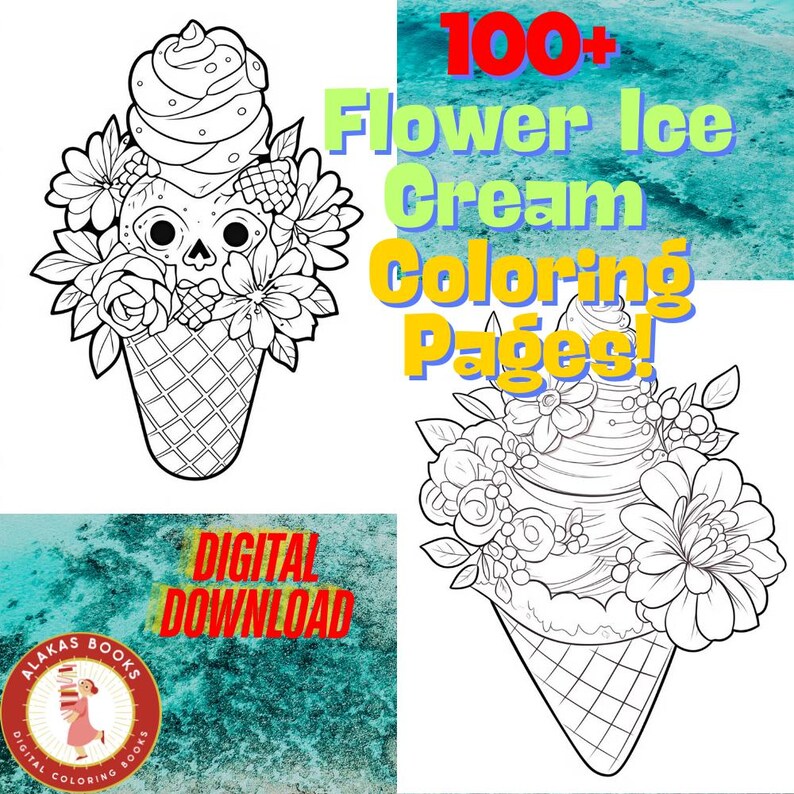 100flower Ice Cream Coloring Pages, Flower Ice Cream Digital Coloring ...
