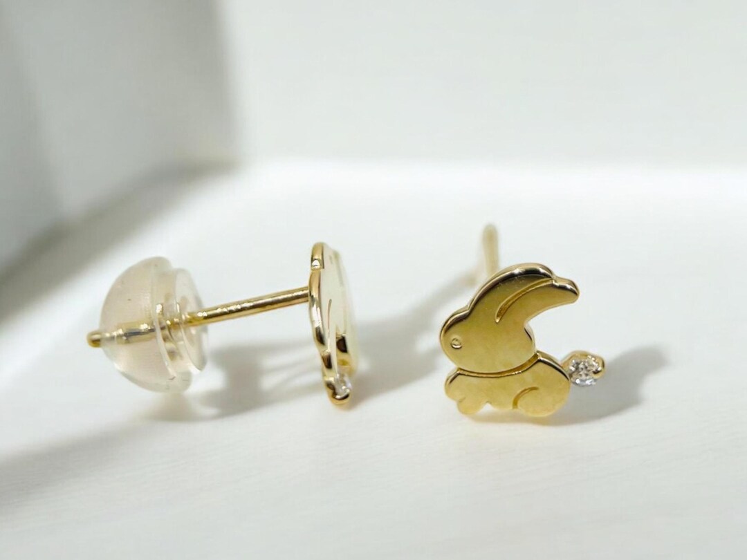 14K Gold Bunny Earrings, Cute Little Cz Bunny Stud Earring, Kids ...