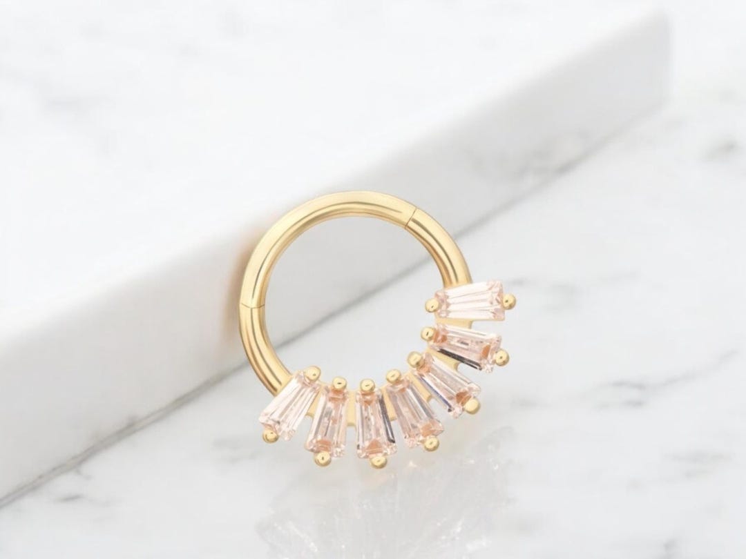 14K Gold Septum Ring, Baguette Cluster Decor Front 16g Septum Piercing Clicker Nose Piercing ...
