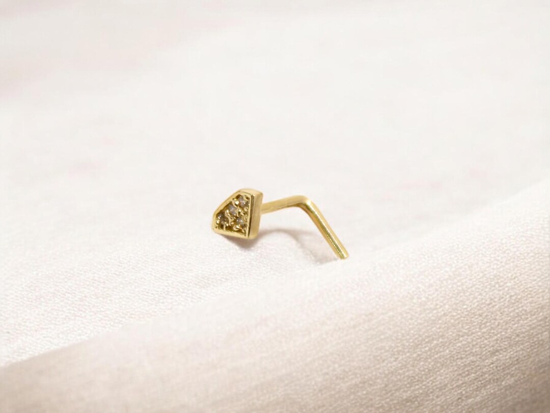 14K Gold Diamond Shape Nose Stud, L Shape Diamond Shape Cut Dainty ...