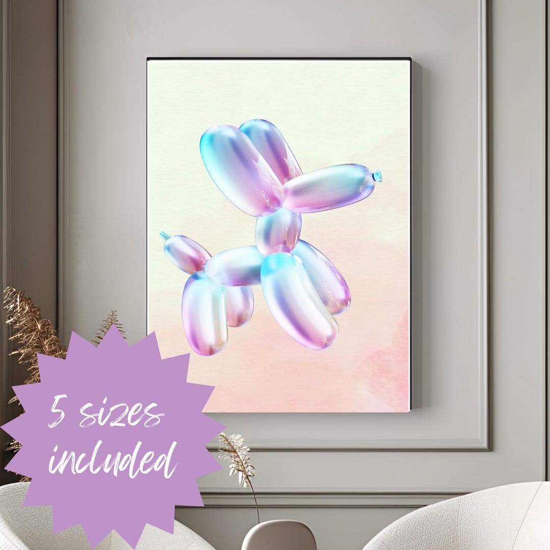 Hollographic Balloon Dog Print, Pink and Blue Balloon Dog Wall Art ...