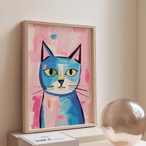 Cute Abstract Blue Cat Illustration, Pink Cat Retro Print, Bright Cat ...