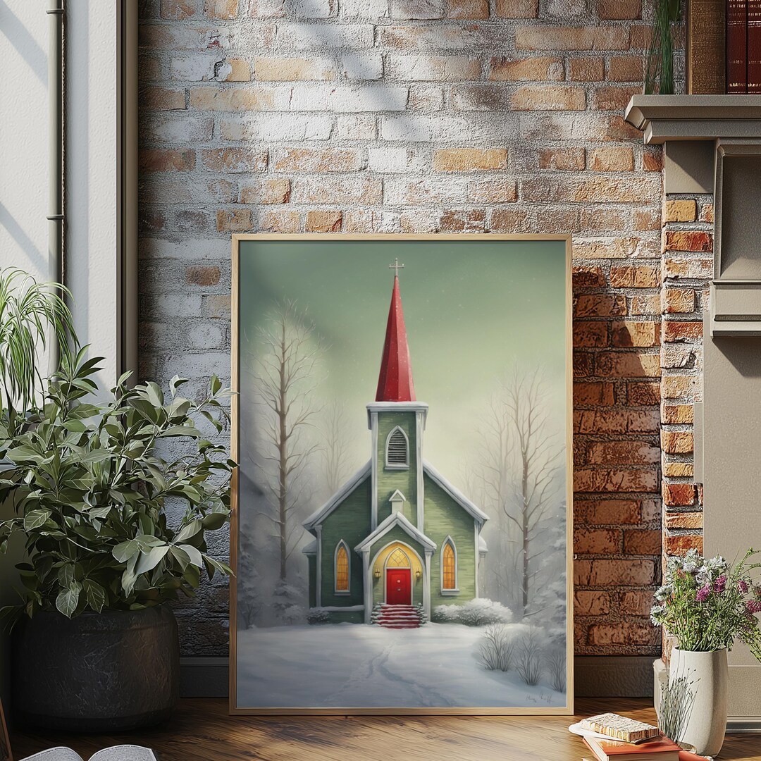 Rustic Winter Church Art Print, Snowy Chapel Painting, Holiday Season ...