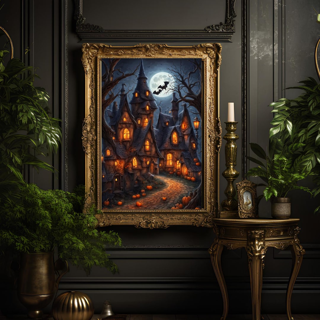Halloween Town Print, Haunted House Wall Art, Spooky House Printable ...