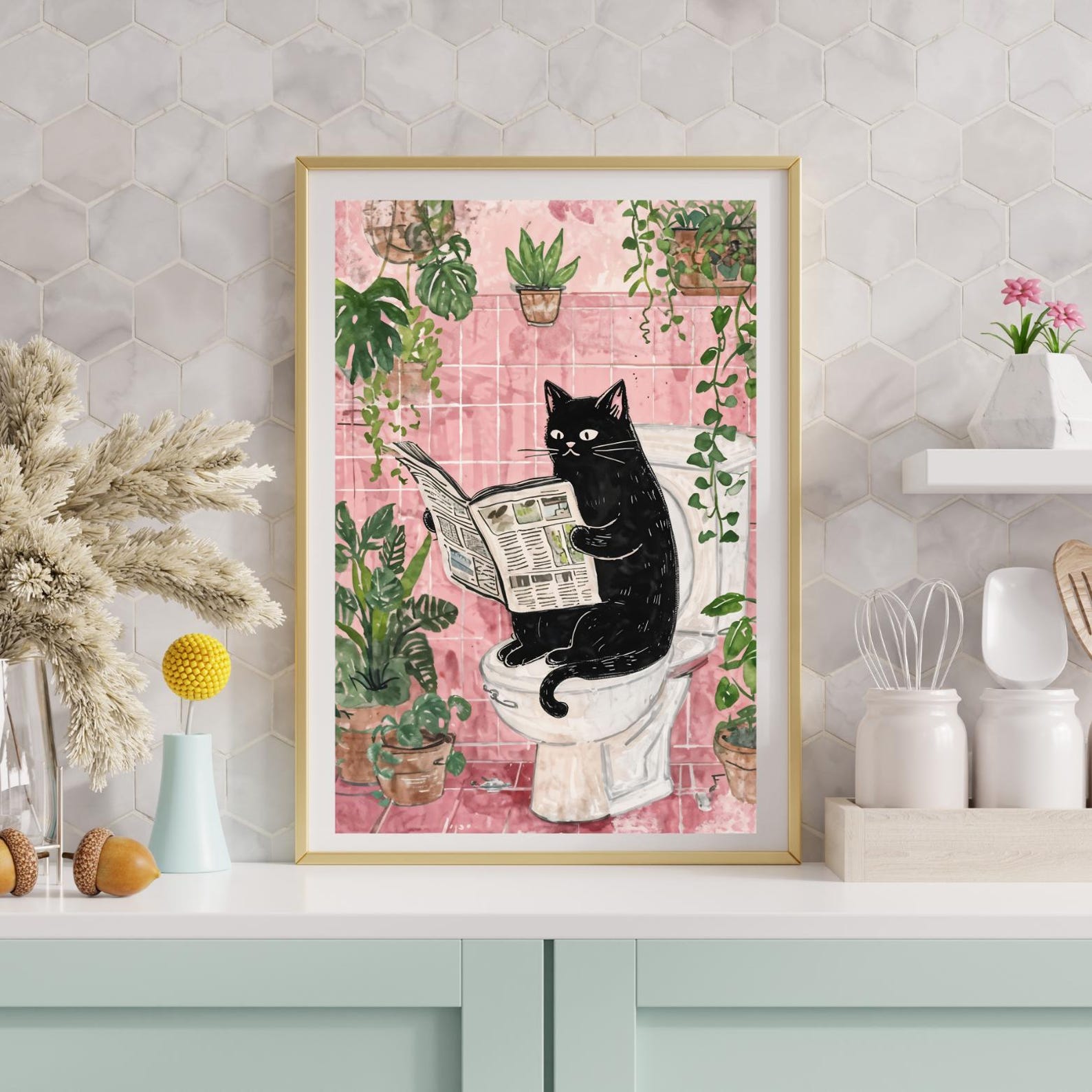 Black Cat Digital Print, Bathroom Art, Black Cat Print, Maximalist Wall ...