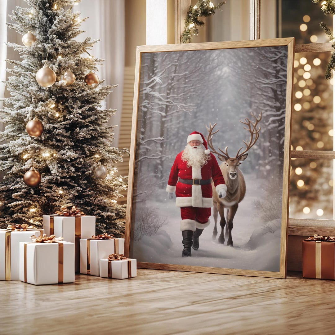 Santa Claus Reindeer Print, Winter Wonderland Decor, Santa in Snow Wall ...