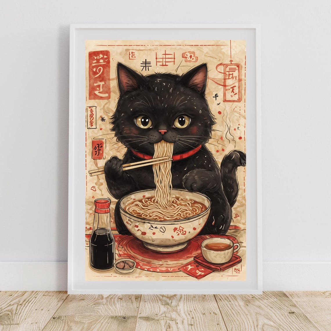 Ramen Cat Poster Digital Print, Black Cat Art Print, Kawaii Digital ...