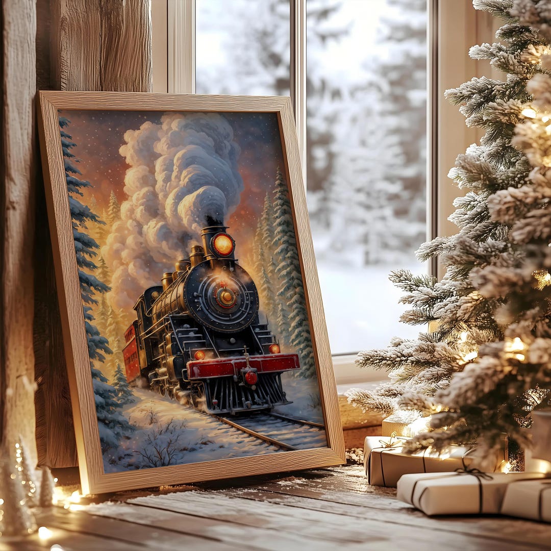 Vintage Christmas Train Print, Digital Download, Winter Landscape Wall ...