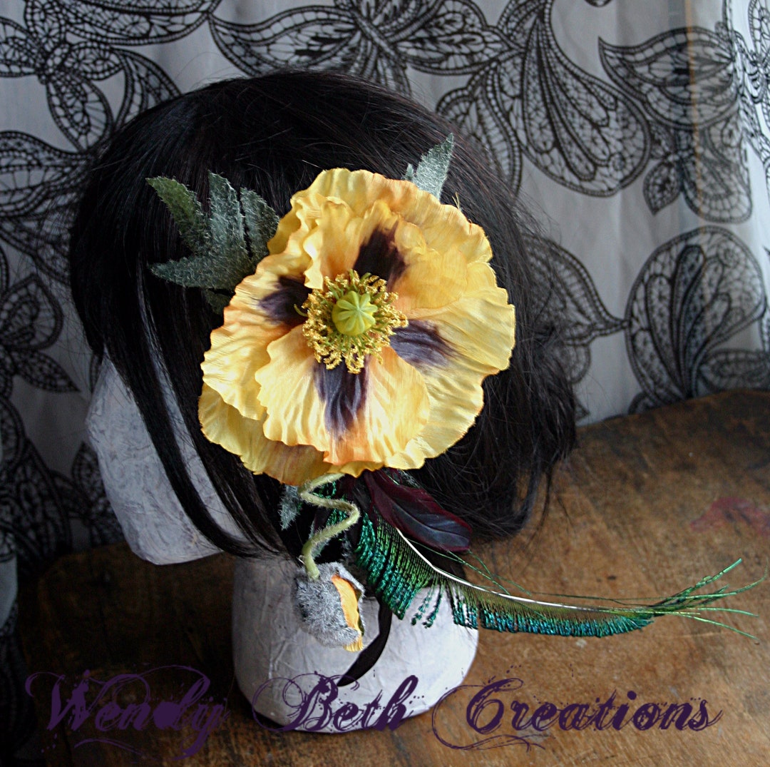 Golden Poppy and Peacock Sword Feather Hair Clip Fascinator for Belly ...