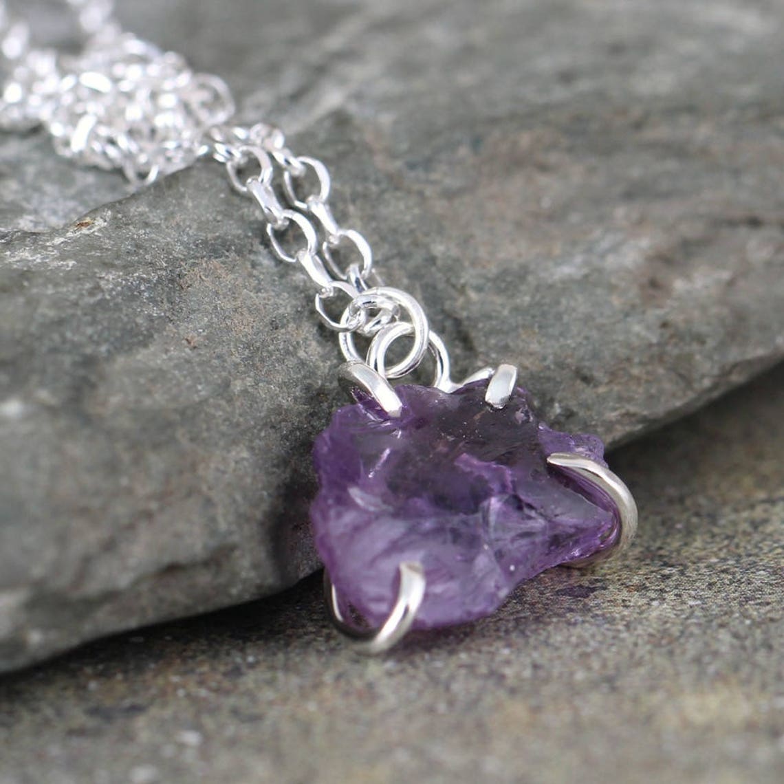Amethyst Necklace Raw Amethyst Pendant Sterling Silver | Etsy