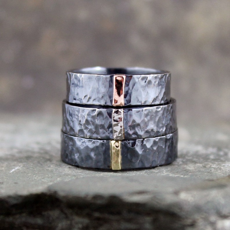 14K Rose Gold and Black Sterling Silver Band Flat Pipe Style - Etsy