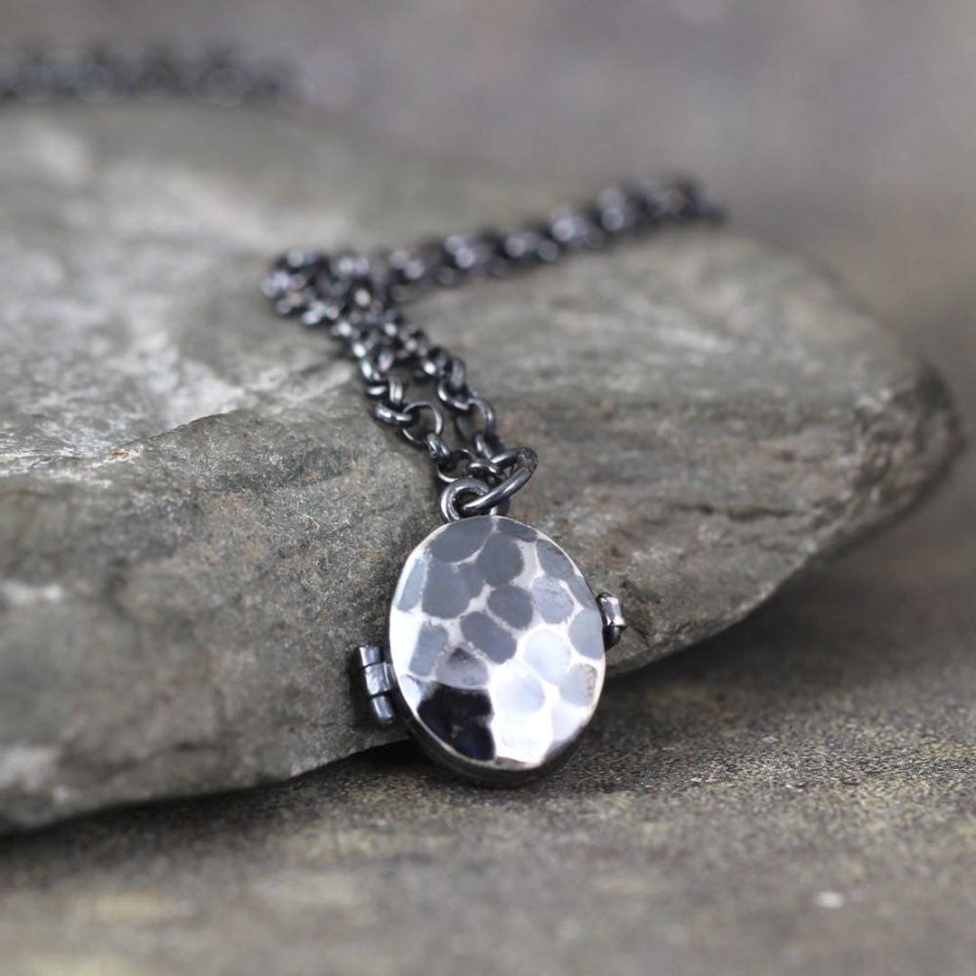 Rustic Oval Locket Pendant Sterling Silver Hammered Texture Oxidized ...