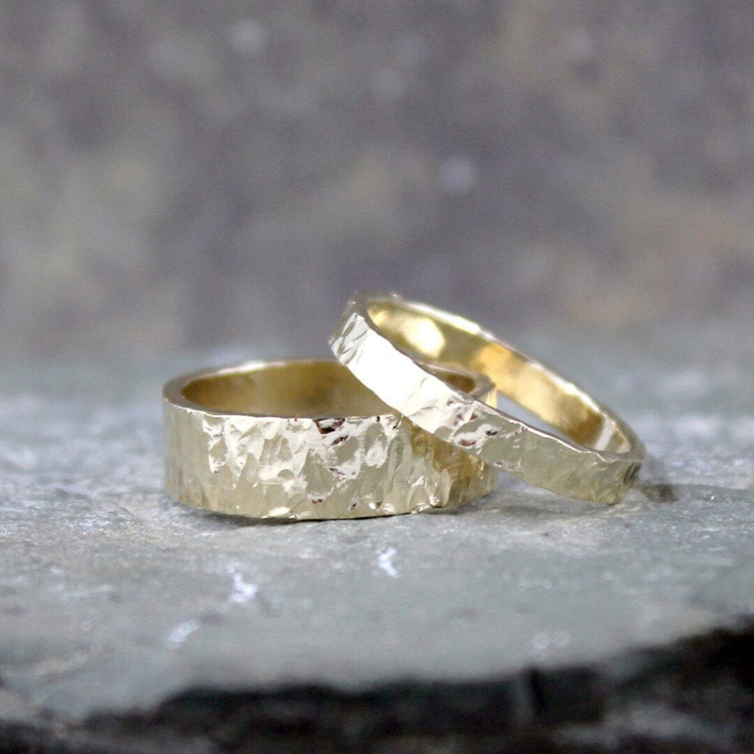 Hammered 14k Yellow Gold Wedding Bands His And Hers Hammered Texture Band Commitment Rings